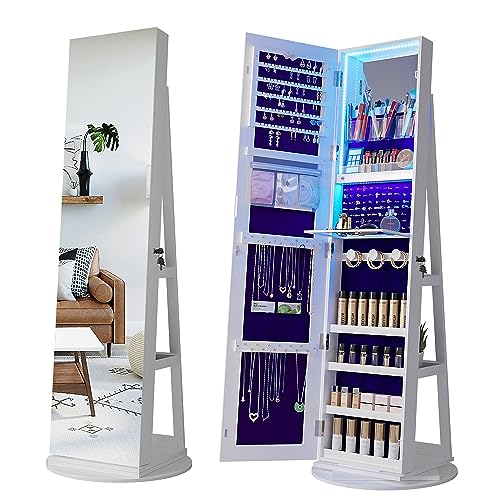 FOMNEY 360° Swivel Jewelry Armoire with Mirror, 63" H Full Length Mirror with LED Lights, Jewelry Cabinet/Organizer with Makeup Shelf for Bedroom (White)
