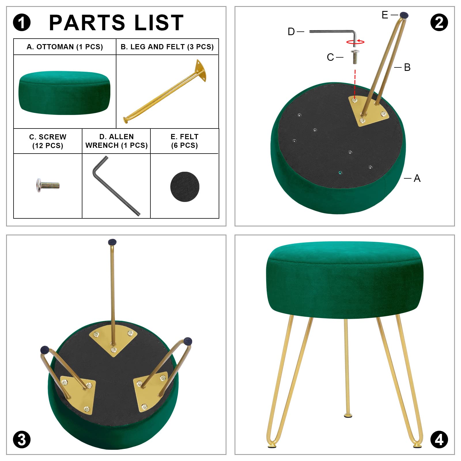 GERANT Multifunctional Vanity Stools - Velvet Round Ottoman Modern Dressing Stool -Upholstered Footrest Stool - Side Table Footstool with Golden Metal Leg for Living Room, Bedroom (Teal)