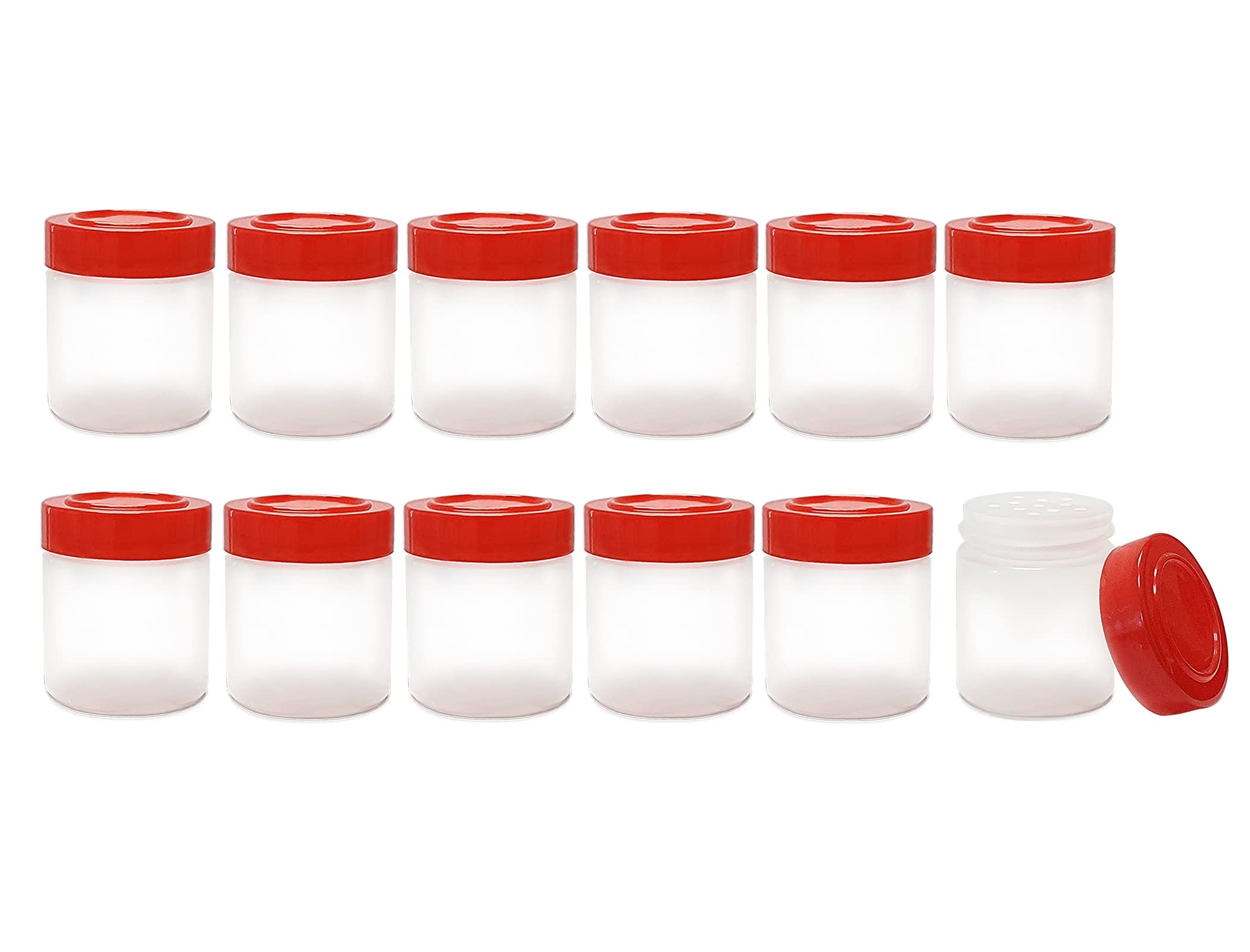 ljdeals 1 oz Plastic Spice Jars w/ Red Caps and Sifters for Herbs, Spices, Powders, Spice Bottles Great For Travel, Camping, Kitchen, Restaurant and more, Made in USA, Pack of 12