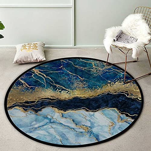 Blue Marble Gold Foil Glitter Illustration Round Area Rug Circle Floor Mat Polyester Carpet Ultra Soft Comfort Nonslip Machine Washable for Indoor Living Room Bedroom Home Decor