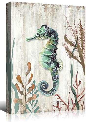 Mooflapha Seahorse Hippocampus Wall Decor Art Canvas Print Painting 12'' x 16'' Rustic Coastal Cottage Ocean Nautical Themed Poster Decoration Artwork for Home Bedroom Bathroom 1 Panel