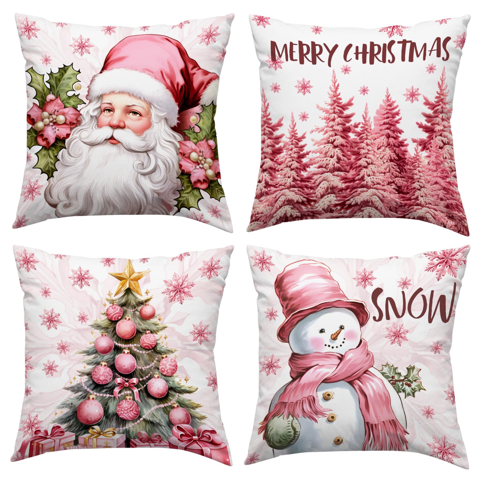 Harlang Christmas Pillow Covers 18x18 Set of 4 Farmhouse Christmas Decorations Snowman Wreath Santa Claus Tree Merry Christmas Hello Winter Holiday Decor Throw Cushion Case for Home Couch Pink