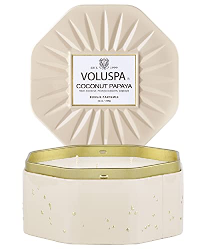 Voluspa Coconut Papaya Candle | 3 Wick Tin | 12 Oz. | All Natural Wicks and Coconut Wax for a Cleaner Burn