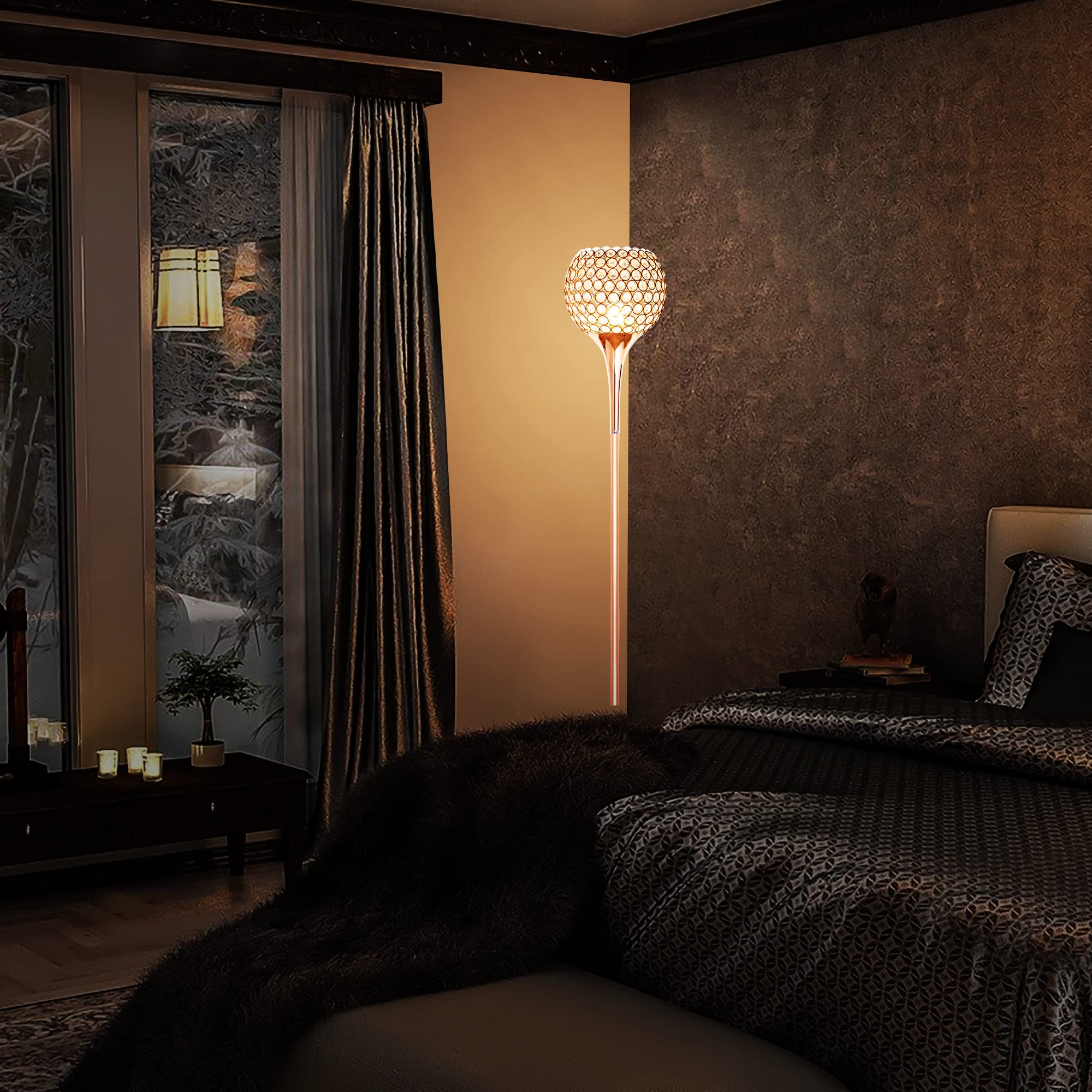 bodkar Crystal Floor Lamp Rose Gold, Remote Control Modern Standing Lamp for Living Room, Bedroom (with Bulb)
