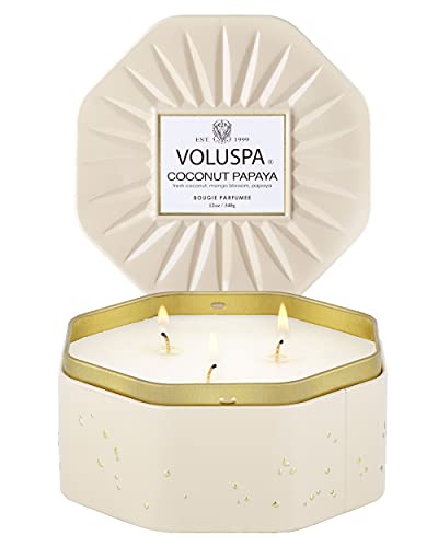 Voluspa Coconut Papaya Candle | 3 Wick Tin | 12 Oz. | All Natural Wicks and Coconut Wax for a Cleaner Burn