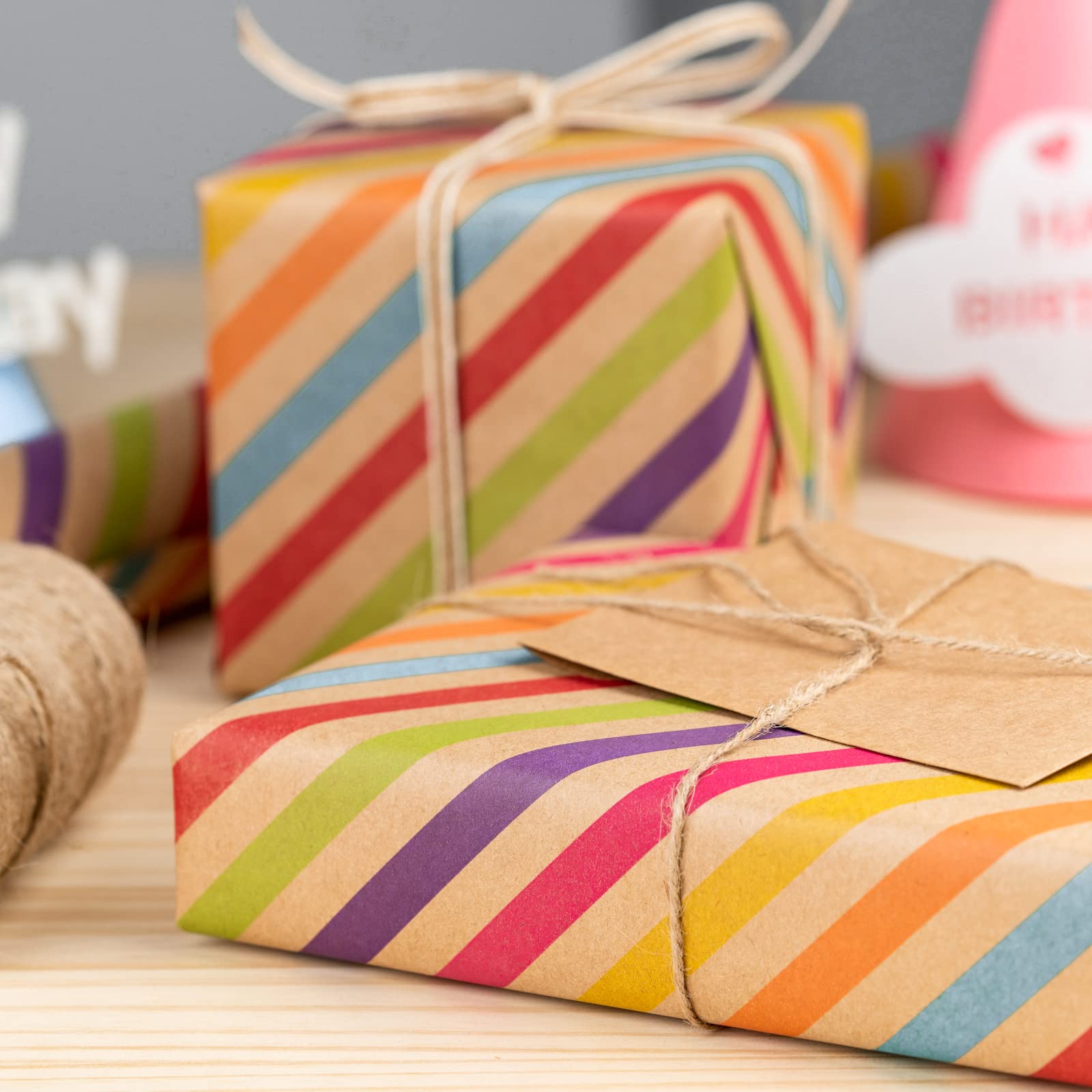 RUSPEPA Kraft Wrapping Paper Roll - Rainbow Stripe Pattern - 24 Inches x 100 Feet