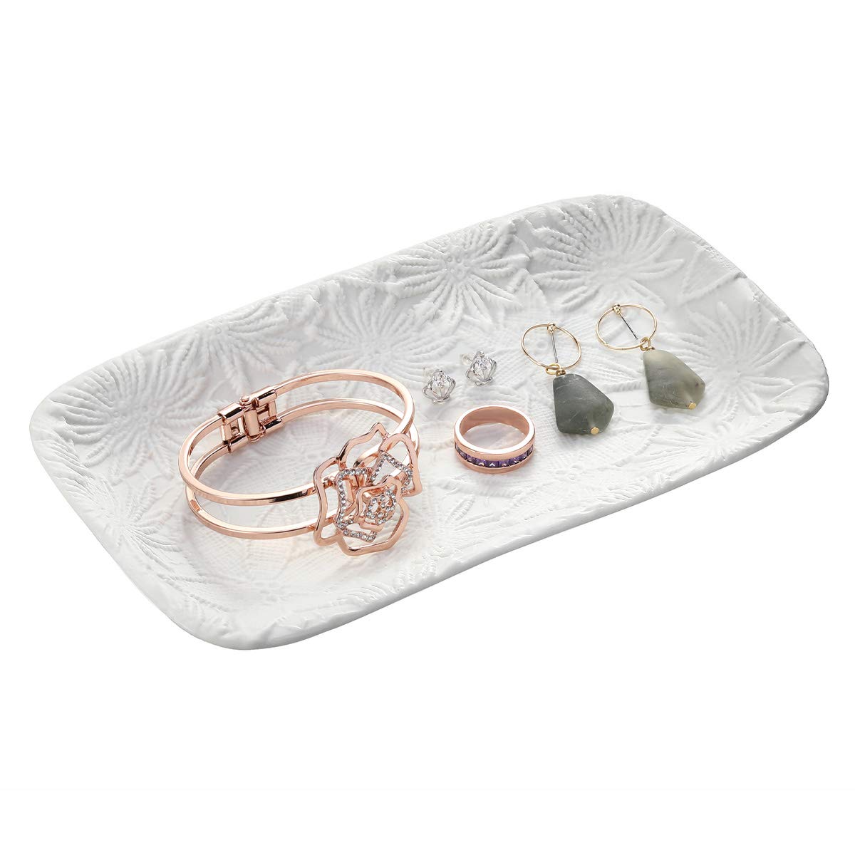 Emibele Ceramic Jewelry Tray, Bathroom Kitchen Vanity Decorative Trinket Tray Ring Dish for Earrings Rings Watch Keys, Ceramic Dessert Plate, White