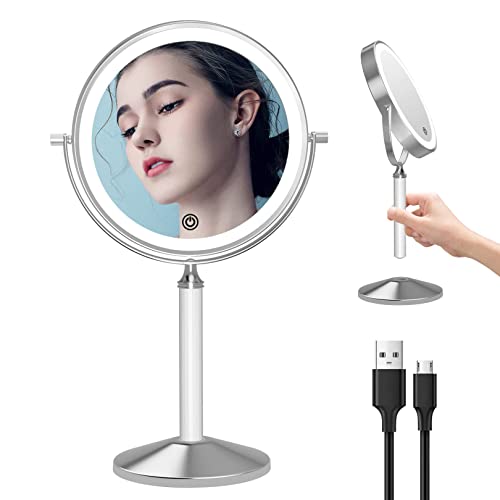 Lighted Makeup Mirror with Magnification, 1X 10X Magnifying Mirror with Light, 8'' HD Double Sided Tabletop Vanity Mirror, Rechargeable 3 Color LED Dimmable Desk Lit Cosmetic Mirror, Girl Women Gifts