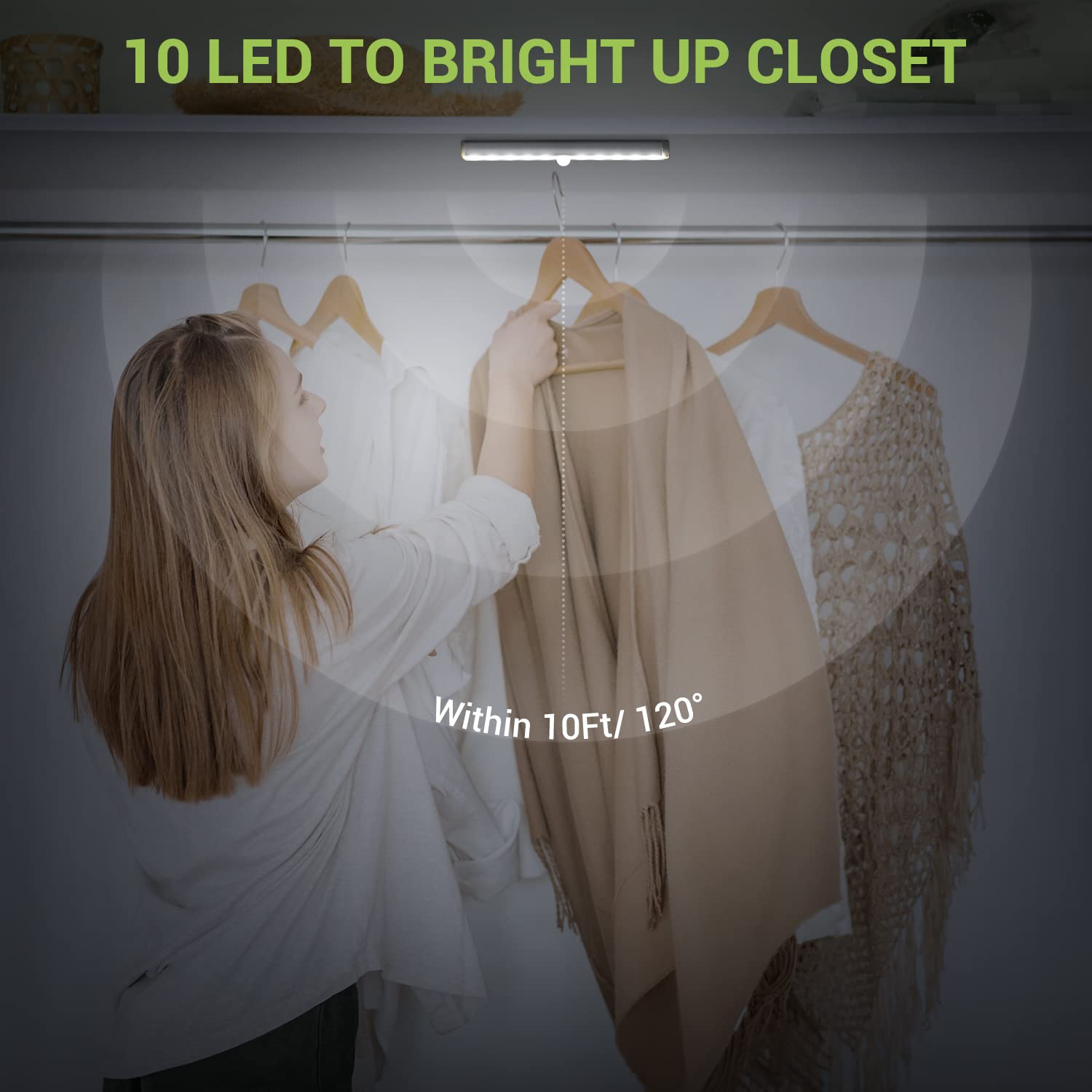 OxyLED Under Cabinet Lights - Battery Operated 10 LED Motion Sensor Closet Lights, Wireless Stick-on Anywhere Motion Sensor LED Strip Lights for Cabinet, Closet, Hallway, Stairs, Pantry