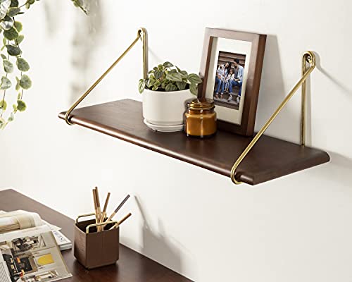 Kate and Laurel Palone Modern Wall Shelf, 24, Walnut and Gold, Minimal Transitional Shelf for Storage and Display