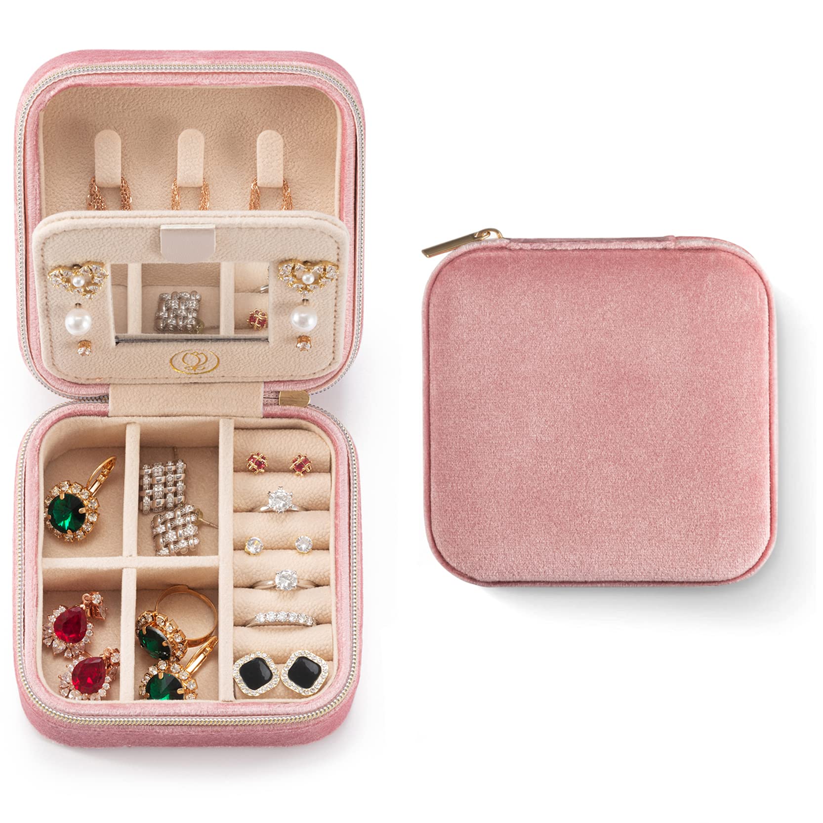 ZPROW Plush Velvet Travel Jewelry Case, Travel Jewelry Organizer, Jewelry Travel Case, Travel Jewelry Box, Small Jewelry Case for Women, Jewelry Travel Box, Earring Organizer with Mirror - Pink