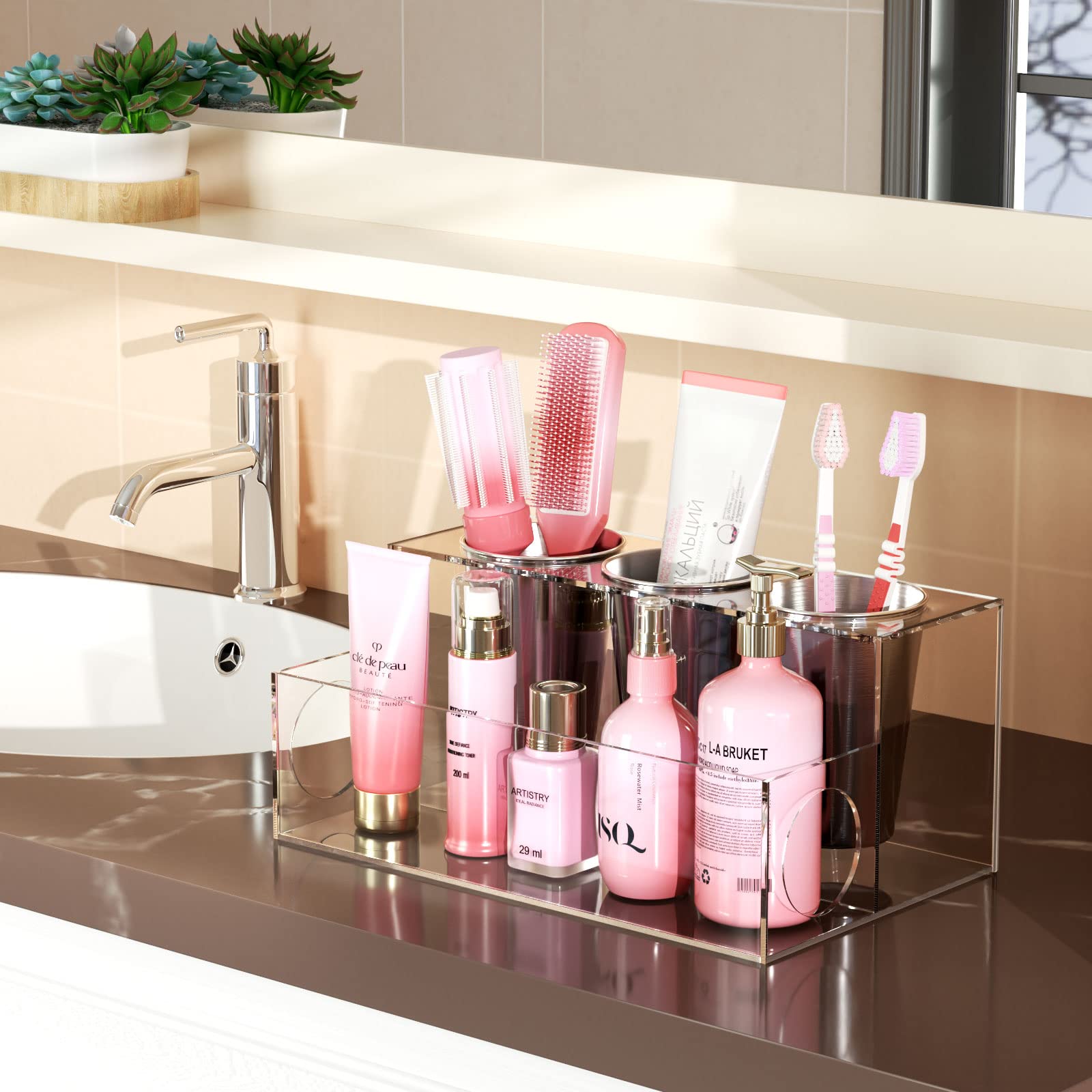 NIUBEE Hair Tool Organizer, Clear Acrylic Hair Dryer and Styling Organizer, Bathroom Countertop Blow Dryer Holder, Vanity Caddy Storage Stand for Accessories, Makeup, Toiletries