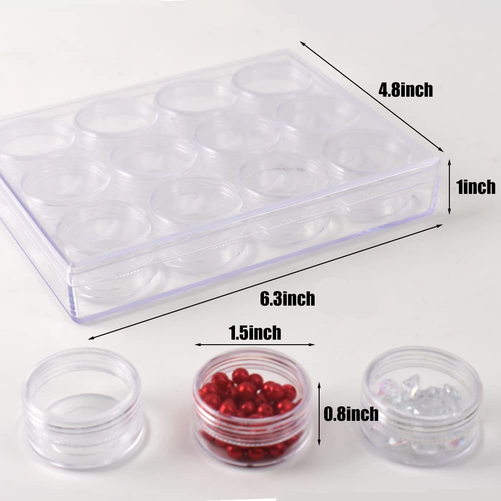VIOCIWUO Clear Plastic Bead Storage Containers Round 12 Grids Transparent Organizer Jars for Diamond Pigments Glitters Cosmetics Sample Jar (2 Pack)