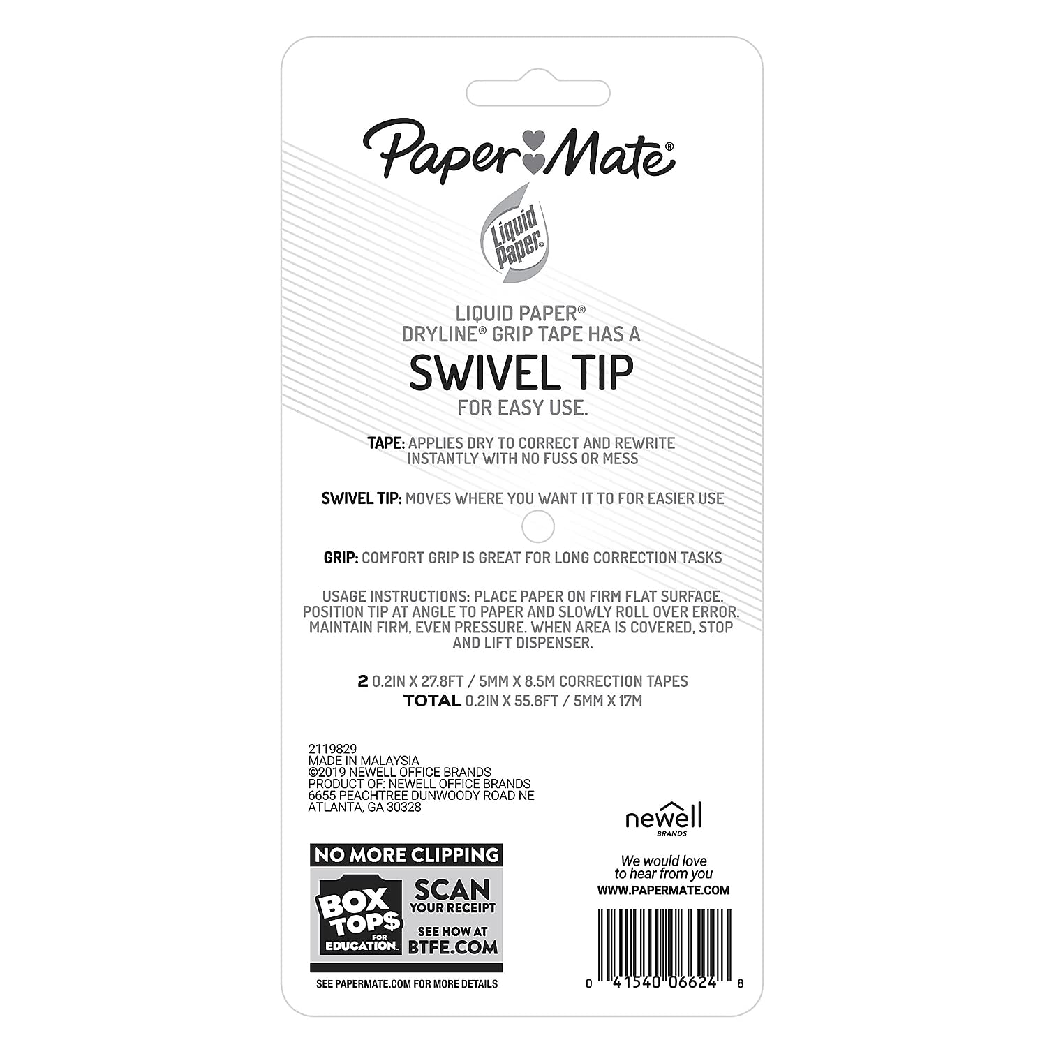 Paper Mate Liquid Paper DryLine Grip Correction Tape, Green, 2 Count