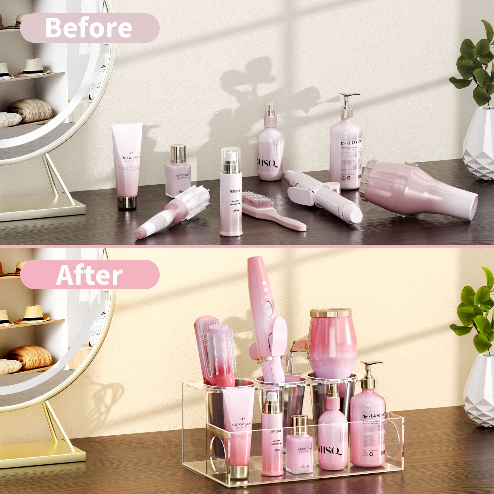 NIUBEE Hair Tool Organizer, Clear Acrylic Hair Dryer and Styling Organizer, Bathroom Countertop Blow Dryer Holder, Vanity Caddy Storage Stand for Accessories, Makeup, Toiletries