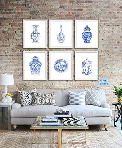 Chinoiserie Wall Art Print-- Bedroom or Study Decor -- Chinese Blue White Porcelain Vase Canvas Print ( Set of 6 )--Unframed--8X10 inch 1