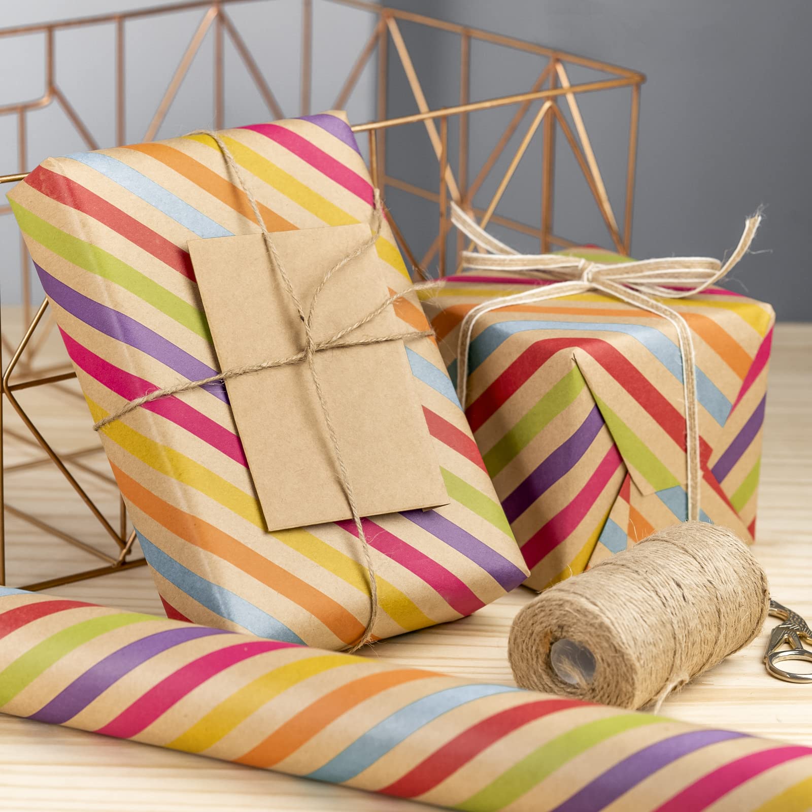 RUSPEPA Kraft Wrapping Paper Roll - Rainbow Stripe Pattern - 24 Inches x 100 Feet