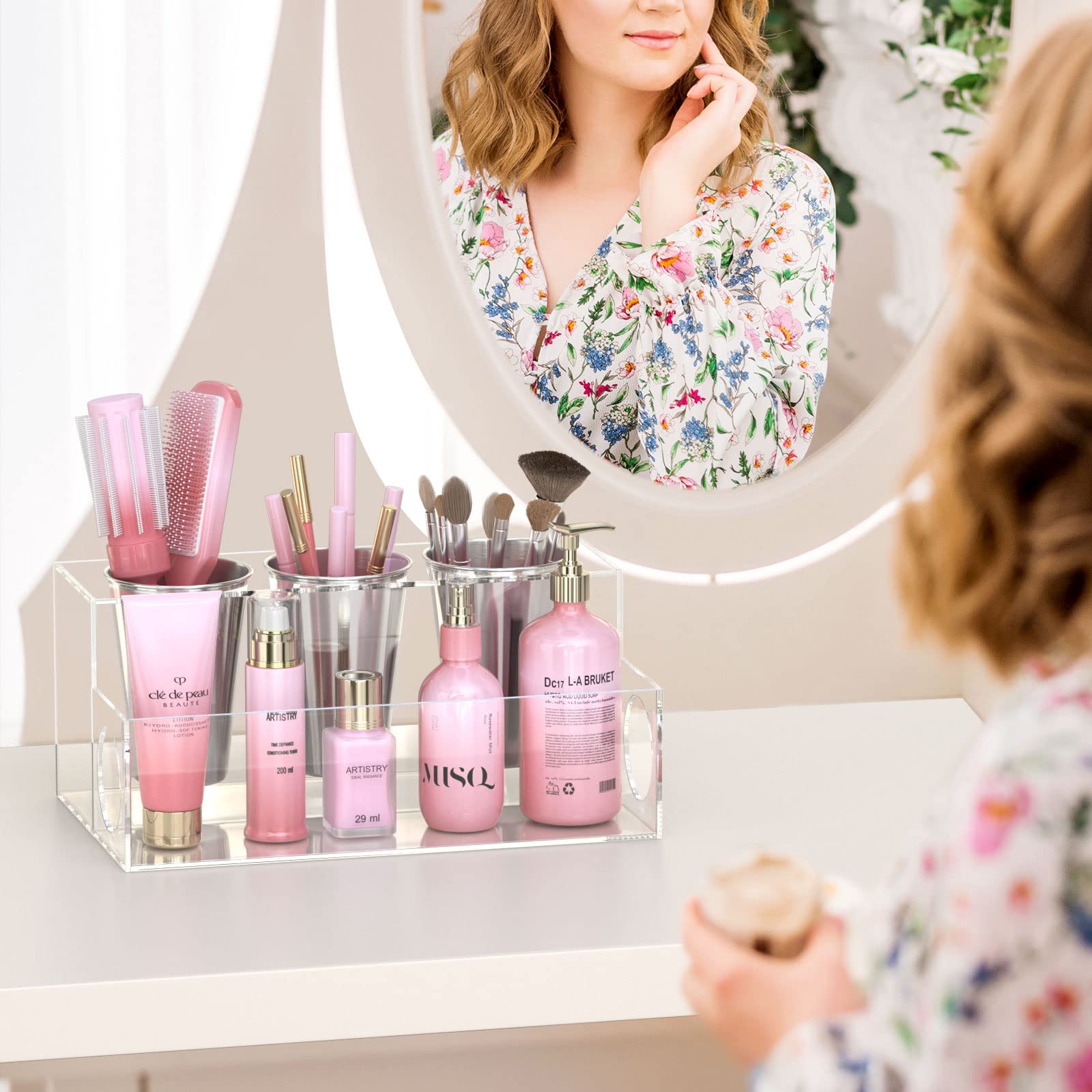 NIUBEE Hair Tool Organizer, Clear Acrylic Hair Dryer and Styling Organizer, Bathroom Countertop Blow Dryer Holder, Vanity Caddy Storage Stand for Accessories, Makeup, Toiletries