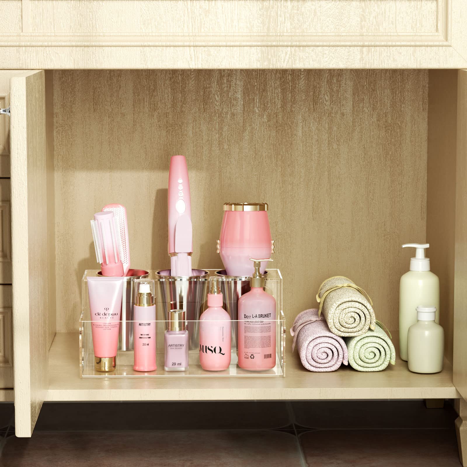 NIUBEE Hair Tool Organizer, Clear Acrylic Hair Dryer and Styling Organizer, Bathroom Countertop Blow Dryer Holder, Vanity Caddy Storage Stand for Accessories, Makeup, Toiletries