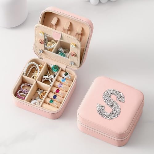 Parima Travel Jewelry Organizer for Women - Personalized Small Letter Jewelry Boxes Travel Essentials Gifts for Women Mom Friends Birthday Her Bridesmaids Teenage Gifts Idea - Letter S, Pink