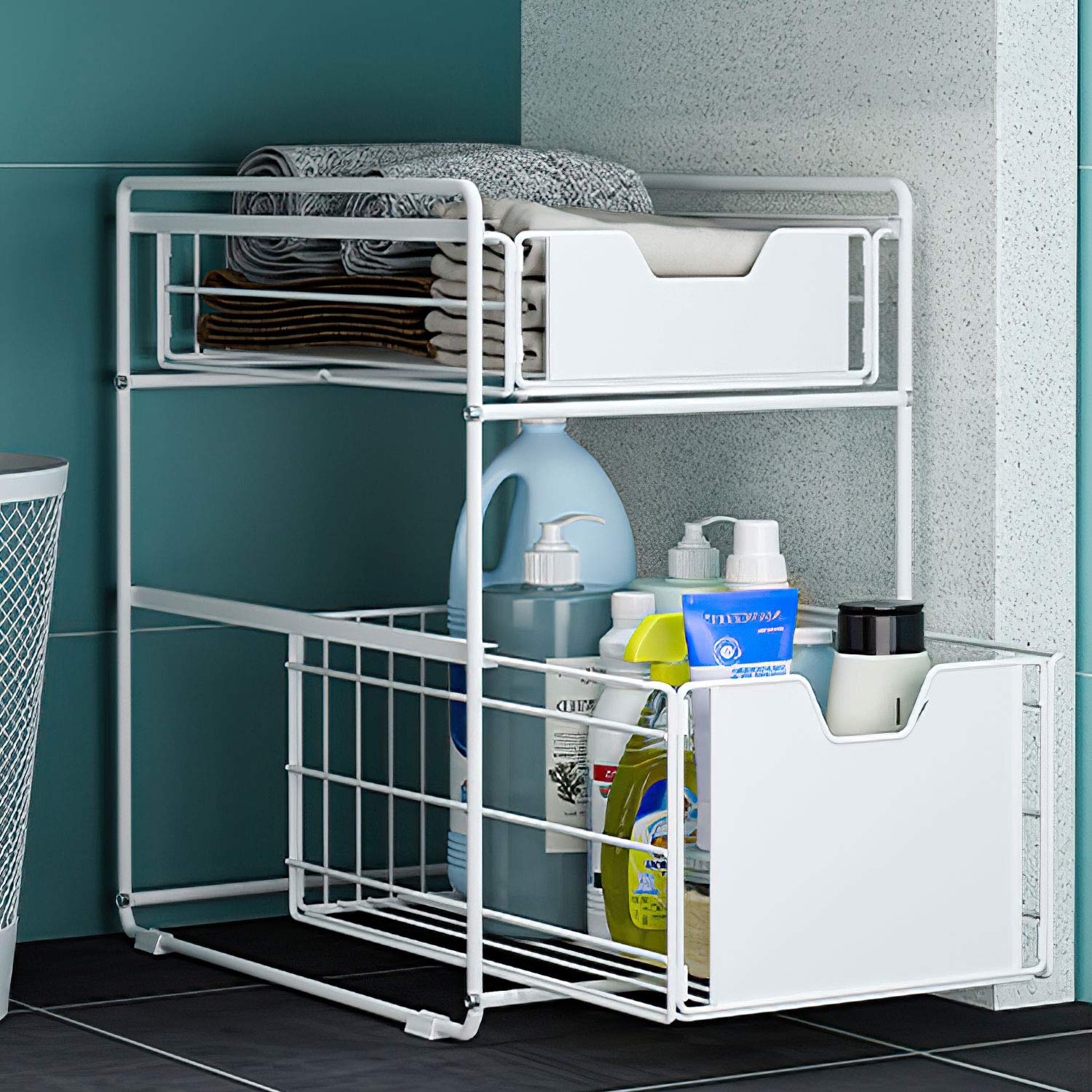 poplarbox Metal Basket Organizer 2 Tier Sliding Basket Organizer Drawer Under Sink Cabinet Storage Organizer Drawer Storage Shelf Spice Rack for Kitchen Countertop Pantry Bathroom Office Desktop