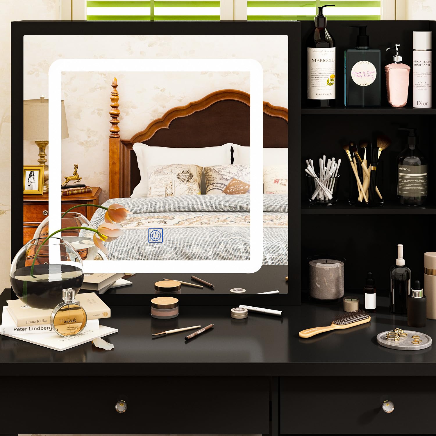 Hitow Vanity Desk Set with Sliding Lighted Mirror, Makeup Vanity with Drawer & Shelf, Dressing Table with Cushion Stool & Hidden Storage for Bedroom, Black