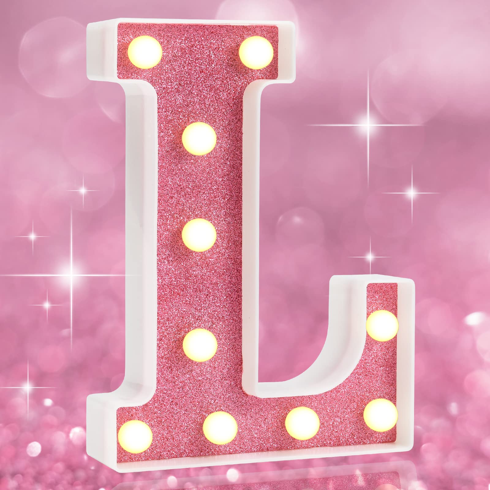 Light Up Pink Alphabet Marquee Letters Sign, Glitter LED Marquee letter Lights Sign Battery Powered for Night Light Girls Bedroom Birthday Gifts Wedding Pink Party Baby Shower Decorations, Pink L