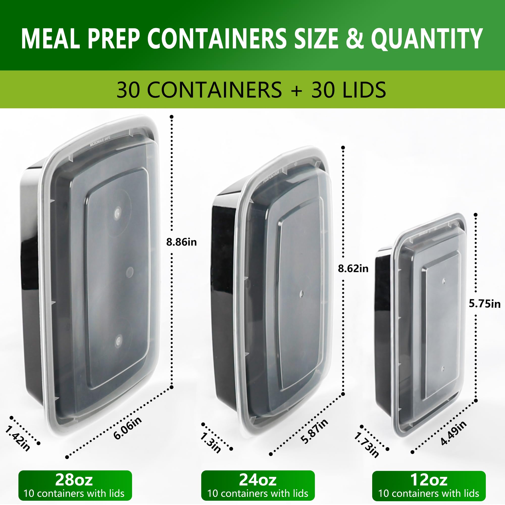NutriBox [30 Pack] Meal Prep Containers in 3 Sizes 12, 24, 28 oz, Durable, Stackable, Reusable, BPA Free, Microwaveable, Dishwasher, Freezer Safe, Bento Box, Food Storage Set