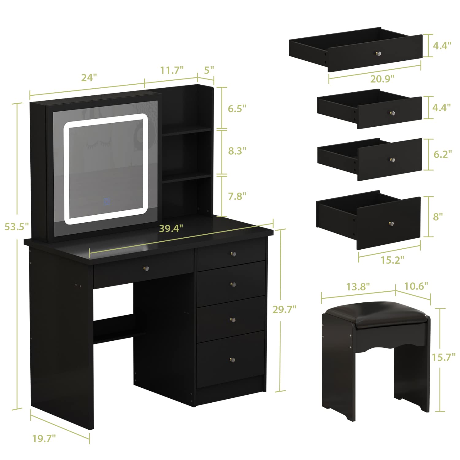 Hitow Vanity Desk Set with Sliding Lighted Mirror, Makeup Vanity with Drawer & Shelf, Dressing Table with Cushion Stool & Hidden Storage for Bedroom, Black