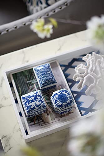 A&B Home Decorative Porcelain Box with Lid Blue and White Set of 3 Glazed Ceramic Hand Painted Jars Centerpiece Asian Decoration