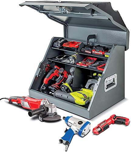 Powerbuilt 26 In. Portable Slant Front Power Tool Locker Toolbox with Power Drill Slots, Storage Compartments, 16 Ga. Steel, Chrome Hardware, Weather-Resistant Locking Polymer Lid, Gas Struts, 941805E