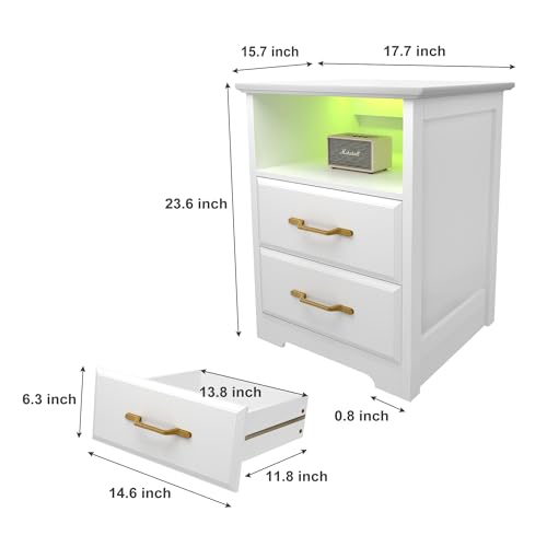 NEDYO White Nightstand with Charging Station & LED, Bed Side Table with 2 Drawers, Modern Small End Table for Bedroom and Living Room. Cream White
