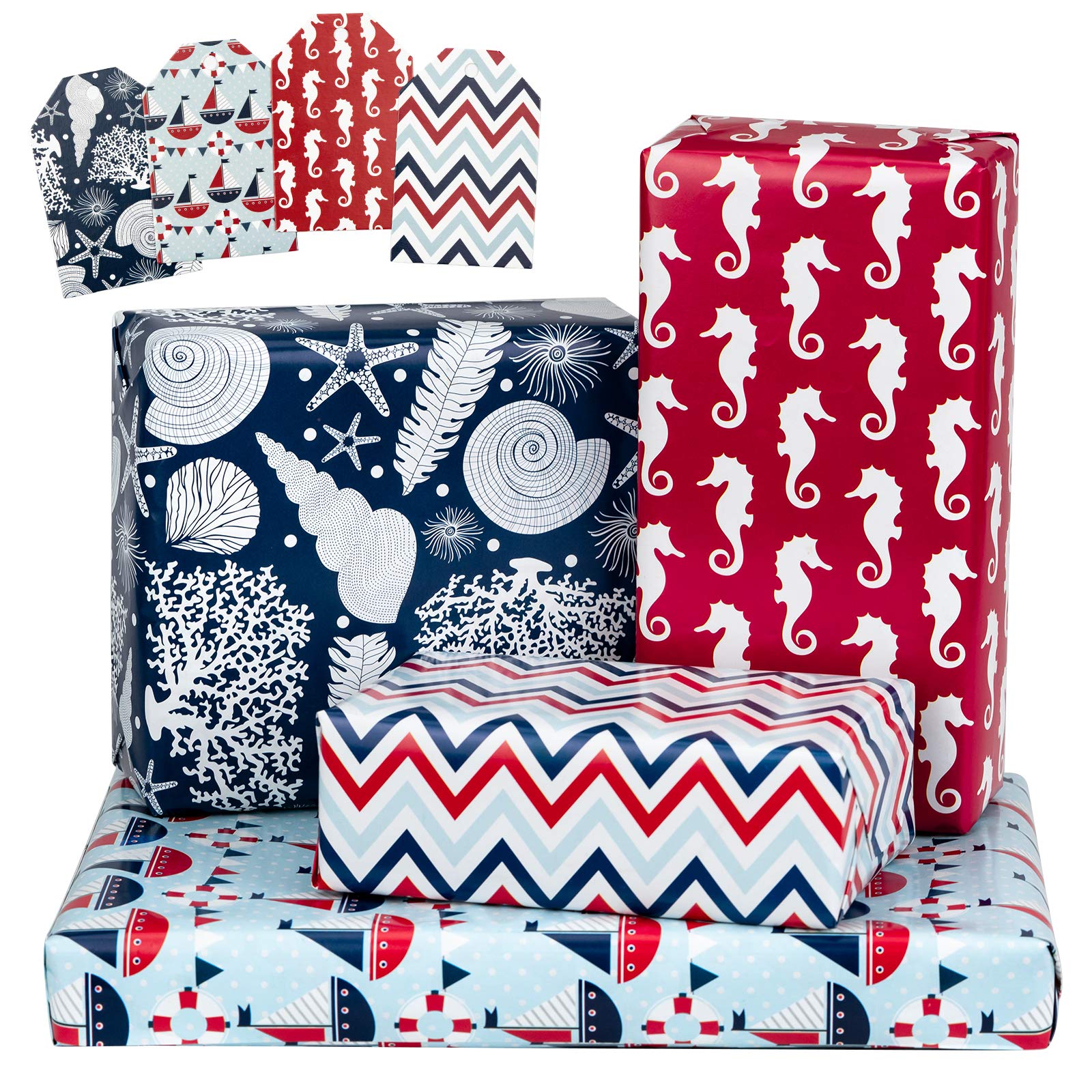 MAYPLUSS Wrapping Paper Large Sheets with Gift Tags - Folded Flat - 4 Different Babyshower Design for Boy - (30.1 sq.ft.ttl.) - 27.5 inch X 39.4 inch Per Shee