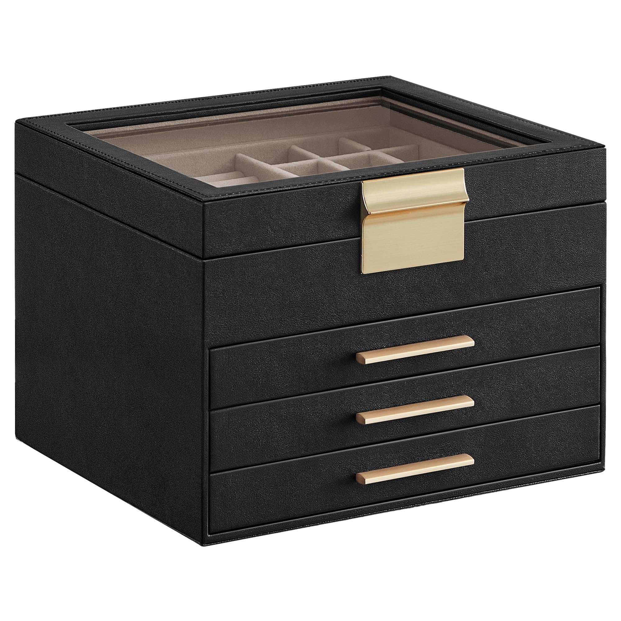 SONGMICS Jewelry Box with Glass Lid, 4-Layer Jewelry Organizer, 3 Drawers, for Big and Small Jewelry, Jewelry Storage, Modern Style, 8 x 9.1 x 6.5 Inches, Graphite Black and Gold Color UJBC173B01