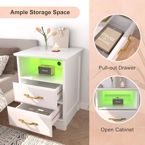 NEDYO White Nightstand with Charging Station & LED, Bed Side Table with 2 Drawers, Modern Small End Table for Bedroom and Living Room. Cream White
