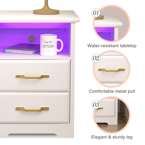NEDYO White Nightstand with Charging Station & LED, Bed Side Table with 2 Drawers, Modern Small End Table for Bedroom and Living Room. Cream White