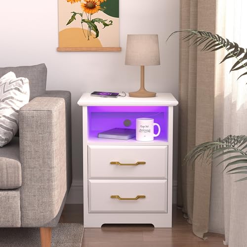 NEDYO White Nightstand with Charging Station & LED, Bed Side Table with 2 Drawers, Modern Small End Table for Bedroom and Living Room. Cream White