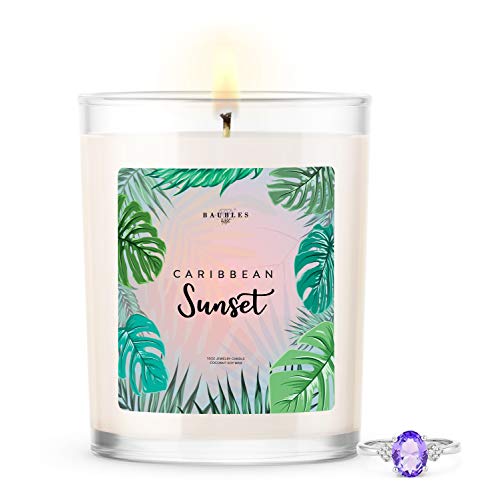 Kate Bissett Baubles Caribbean Sunsent Scented Premium Candle and Jewelry with Surprise Ring Inside | 10 oz Large Candle | Made in USA | Parrafin Free | Size 07