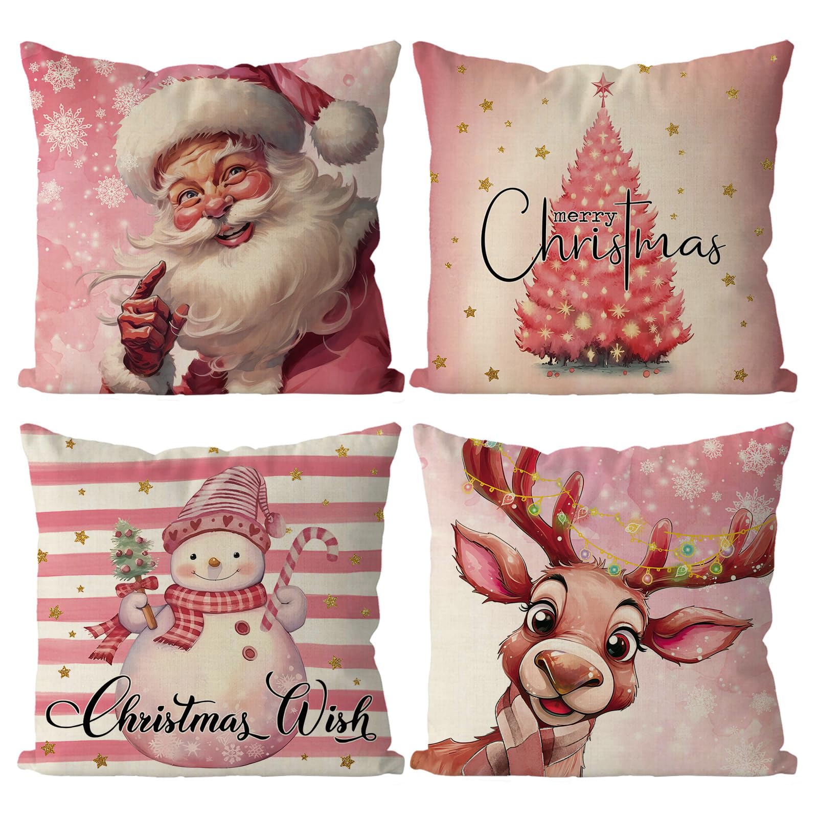 GAGEC Christmas Pillow Covers 18x18 Inch Set of 4 Santa Claus Christmas Tree Throw Pillow Covers Red Nose Reindeer Xmas Winter Pillowcase Home Decor Living Room Decorative Cushion Case for Sofa