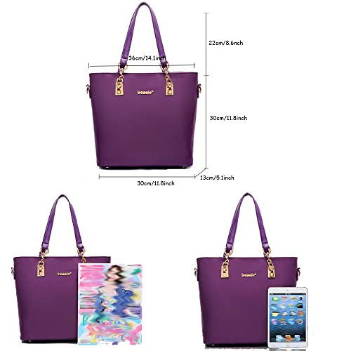 YAQUNICER Women PU Leather Handbags Tote Shoulder Bags Top Satchel Purses 6pcs Handbag Set Clutch Wallet-Purple