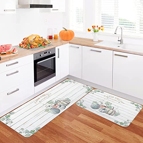 SUN-Shine Thanksgiving Pumpkin Fall Season Kitchen Rug Set 2 Pieces Cushioned Kitchen Floor Mats Comfort Soft Standing Doormat, Non Slip Rugs and Runner White Wood Board