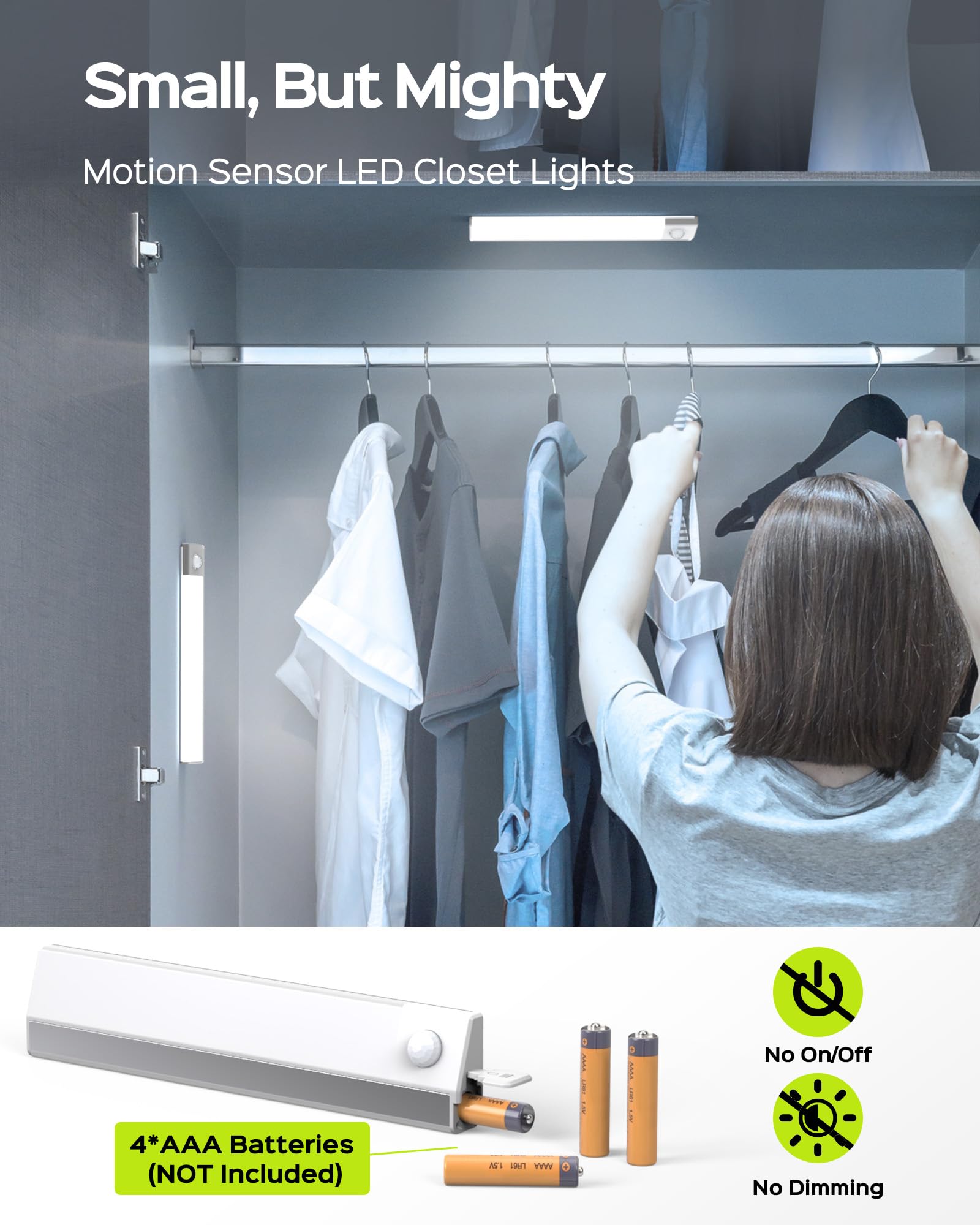JACKYLED Closet Lights Battery Operated, 3 Pack Under Cabinet Motion Sensor Light Indoor, Stick-on Night Lights for Kitchen, Closet, Pantry (Battery NOT Included)
