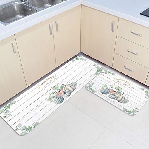 SUN-Shine Thanksgiving Pumpkin Fall Season Kitchen Rug Set 2 Pieces Cushioned Kitchen Floor Mats Comfort Soft Standing Doormat, Non Slip Rugs and Runner White Wood Board