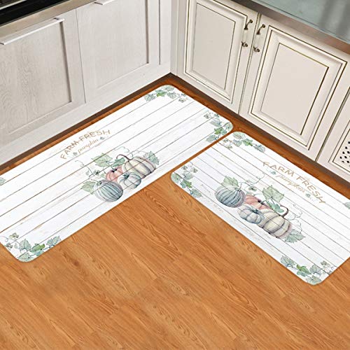 SUN-Shine Thanksgiving Pumpkin Fall Season Kitchen Rug Set 2 Pieces Cushioned Kitchen Floor Mats Comfort Soft Standing Doormat, Non Slip Rugs and Runner White Wood Board