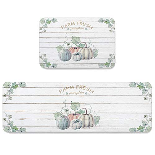 SUN-Shine Thanksgiving Pumpkin Fall Season Kitchen Rug Set 2 Pieces Cushioned Kitchen Floor Mats Comfort Soft Standing Doormat, Non Slip Rugs and Runner White Wood Board