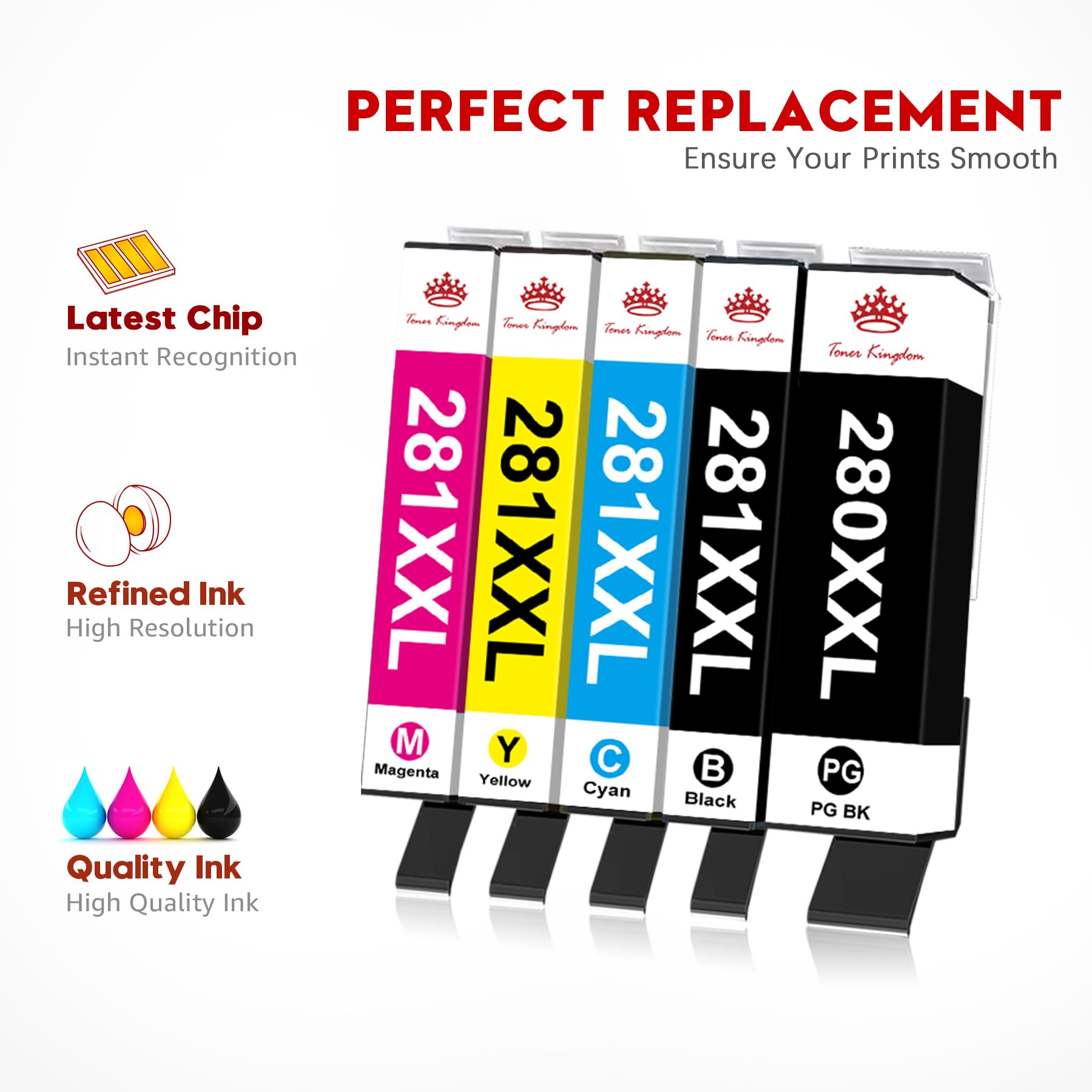 Toner Kingdom Compatible Ink Cartridge Replacement for Canon 280 281 PGI-280XXL CLI-281XXL PGI 280 CLI 281 XXL Ink for PIXMA TR7520 TR8520 TS6120 TS6220 TS6320 TS8120 TS9120 TS9520 Printer (5 Pack)