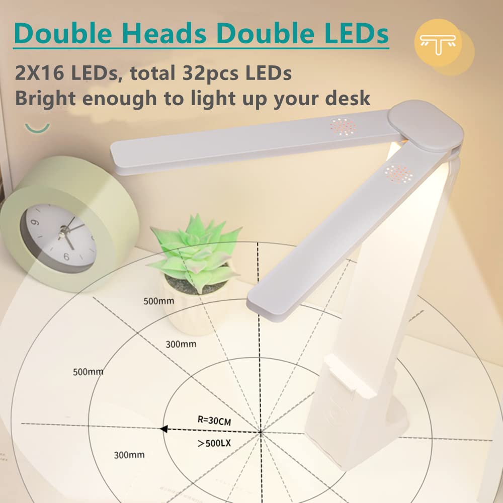 LuxLumin LED Double Head Desk Lamp for Home Office,Portable Small Desk Lamp with Large Lighting Range, Battery Operated Rechargeable Desk Light for Kids,Reading,Studying,Home,Office,Dormitory,White
