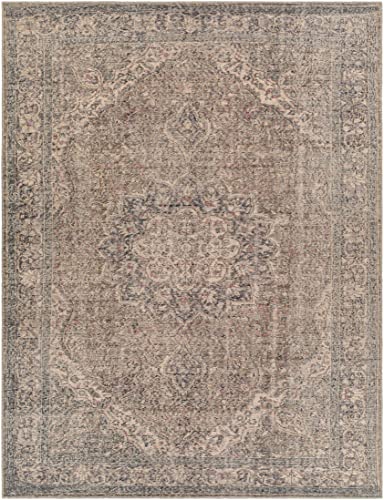 Greenpoint Machine Washable Area Rug - Oriental Persian Traditional Medallion - Bohemian Vintage Distressed Carpet - Brown, Beige - 6'7"x9'