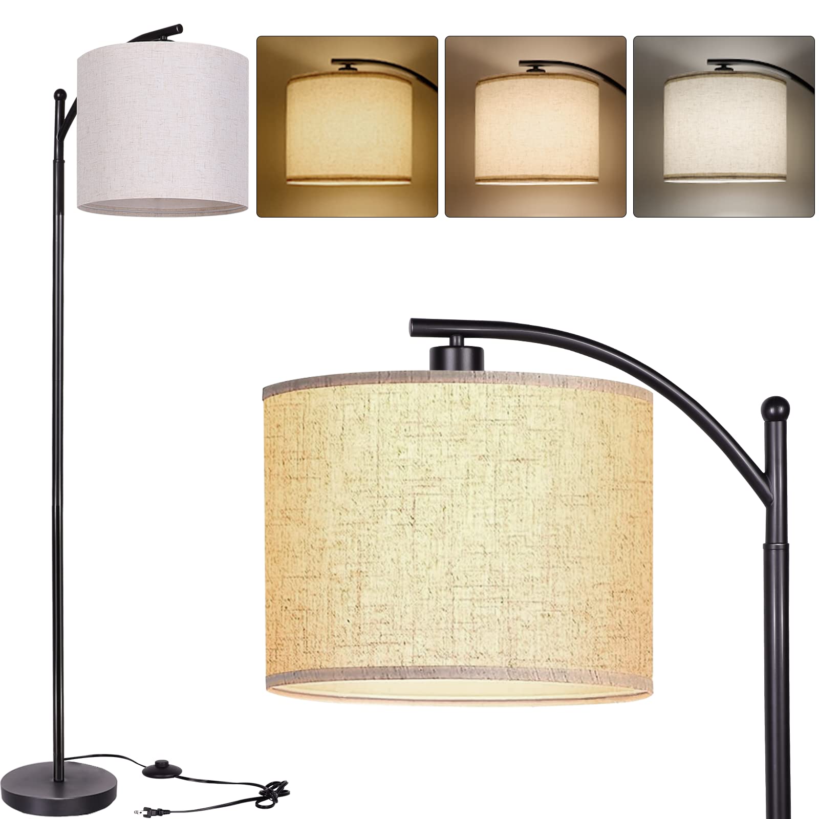 Dott Arts Floor Lamp for Living Room, Tall Arc Floor Lamps with Beige Linen Shade,Modern Standing Floor Lamp with 3 Color Temperature for Bedroom (LED Bulb Included),Black