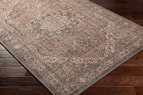 Greenpoint Machine Washable Area Rug - Oriental Persian Traditional Medallion - Bohemian Vintage Distressed Carpet - Brown, Beige - 6'7"x9'